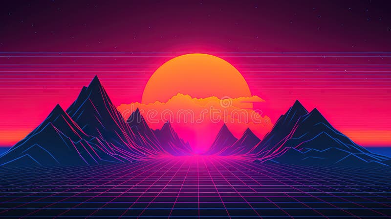 Synthwave Sunset Background 80s. Low Poly Landscape, Neon Lights Stock ...