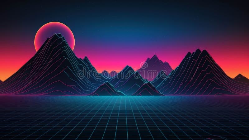 Synthwave Sunset Background 80s. Low Poly Landscape, Neon Lights Stock ...