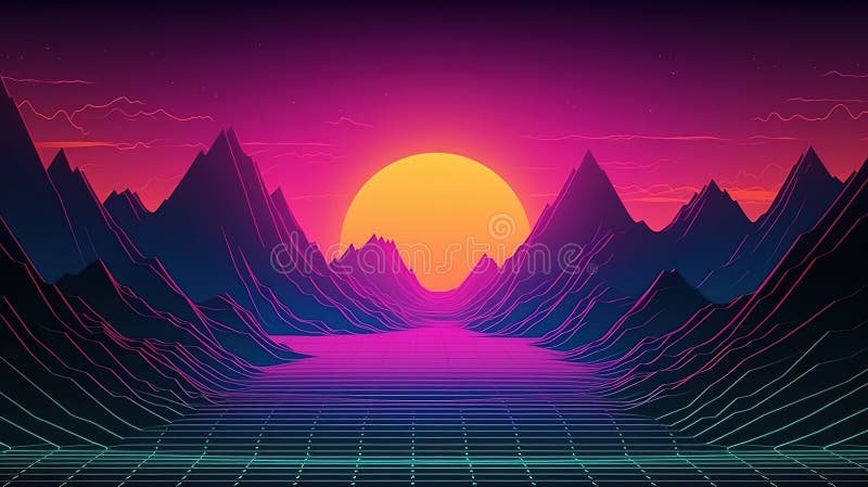 Synthwave Sunset Background 80s. Low Poly Landscape, Neon Lights Stock ...