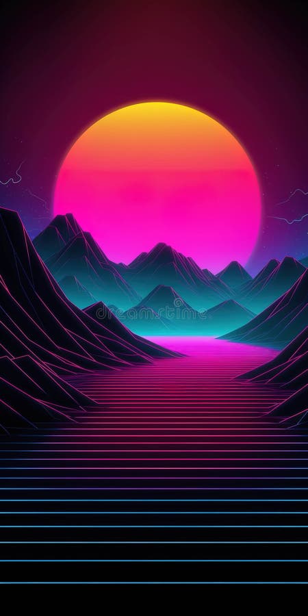 Synthwave Sunset Background 80s. Low Poly Landscape, Neon Lights. 9:16 ...