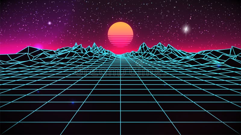 Synthwave Sunset Background. 80s Sun. Wireframe Landscape. Retro Future ...