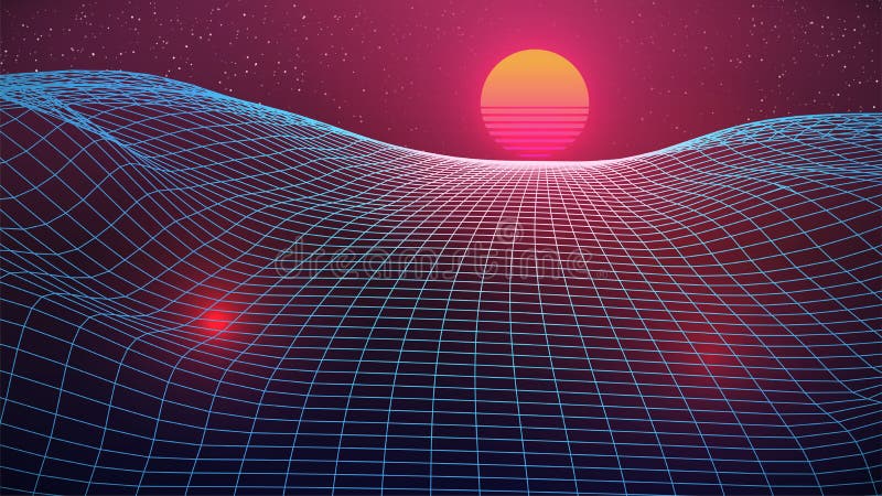 Synthwave Sunset Background. Starry Sky, Perspective Grid Stock Vector ...