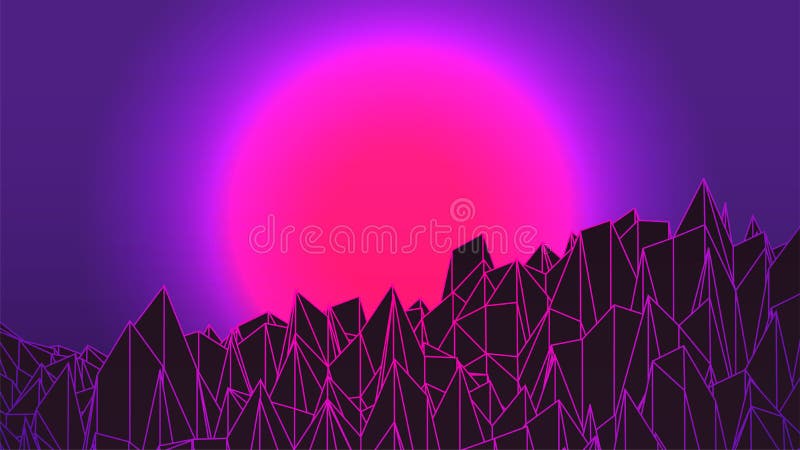 Synthwave Sunset Background. Sun Over Low Poly 3d Computer Terrain ...