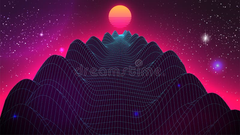 Synthwave Sunset Background. Virtual 3d Landscape with Sun. Perspective ...