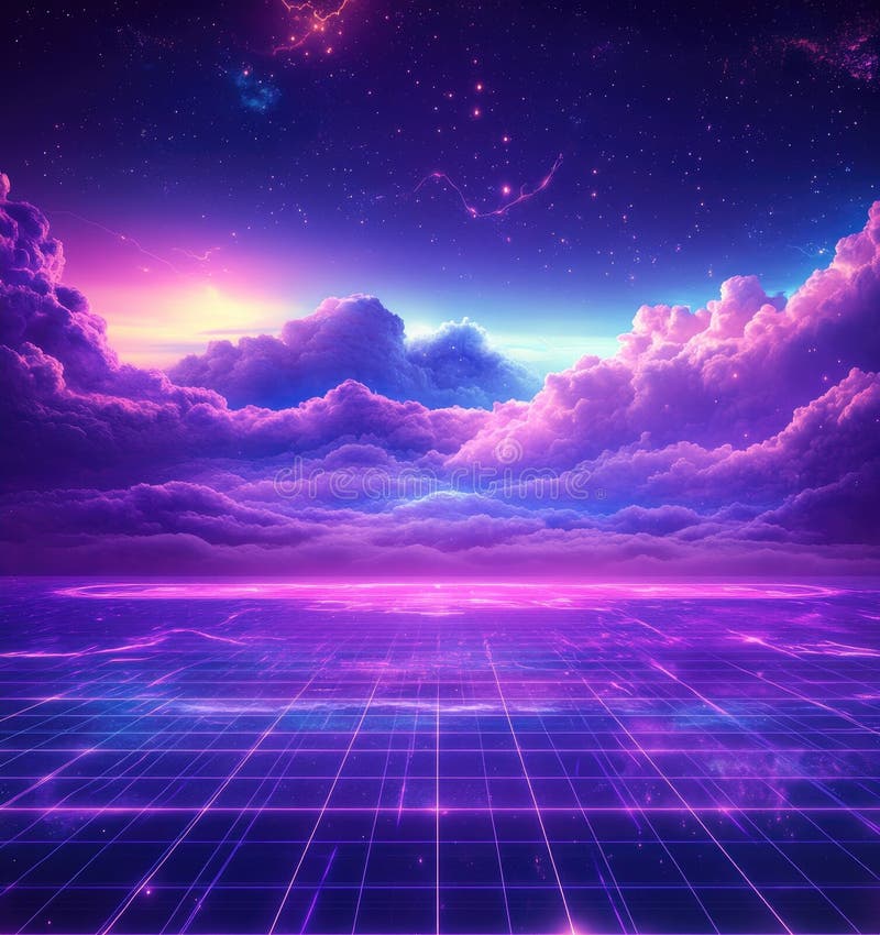 Synthwave Sunset Cloudscape Grid Fantasy Landscape Stock Illustration ...