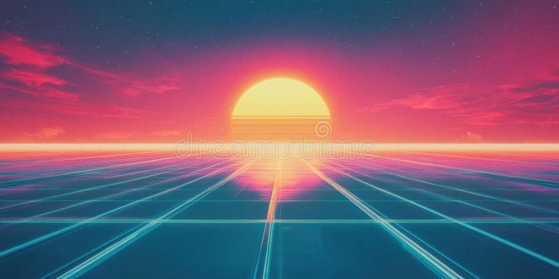 Synthwave Sunset, Glowing Horizon with Retro Grid for Dreamy Backdrop ...