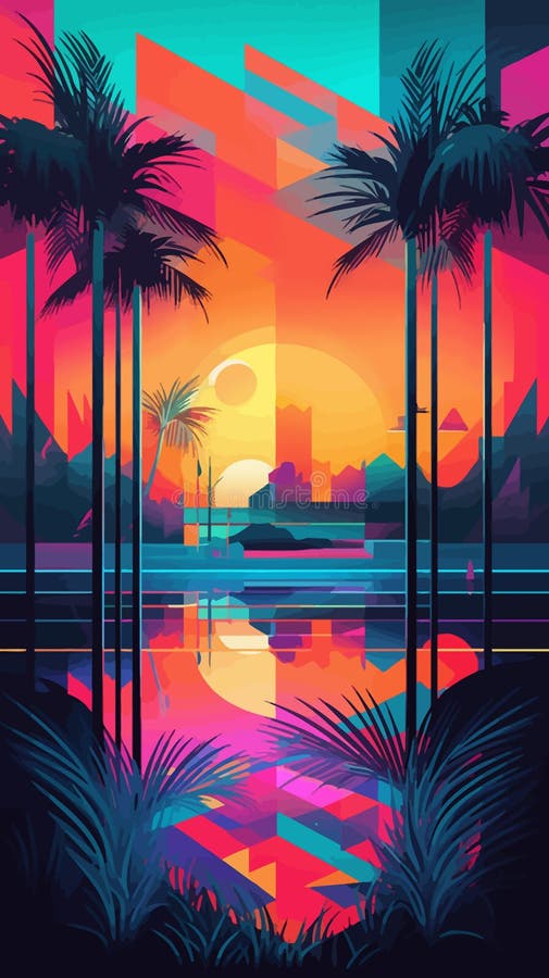 Synthwave Sunset, Landscape with Palm Trees, Retro Wave Illustration ...