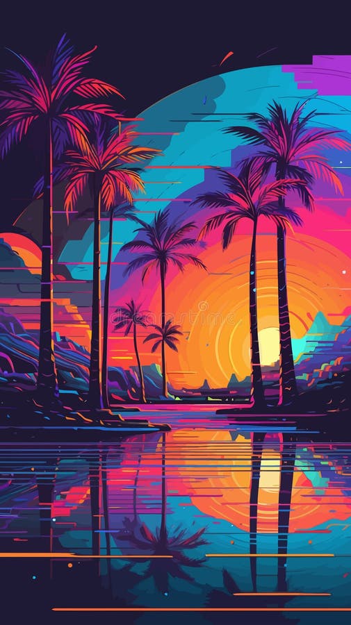 Synthwave Sunset, Landscape with Palm Trees, Retro Wave Illustration ...