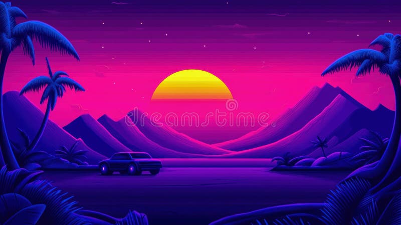 Synthwave Sunset with Mountains, Palm Trees, and Retro Car Stock ...