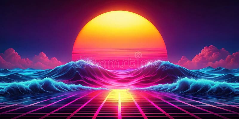 Synthwave Sunset Over Neon Ocean Waves and Grid. Generative AI Stock ...