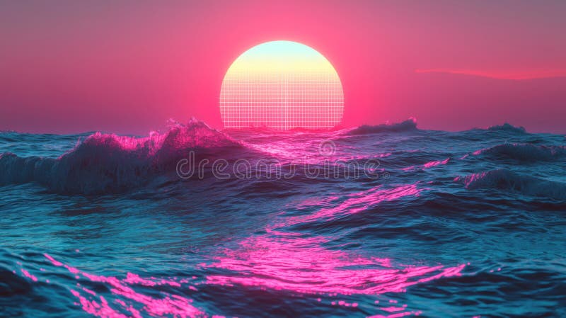 Synthwave Sunset Over the Ocean: a Digital Dreamscape Stock ...