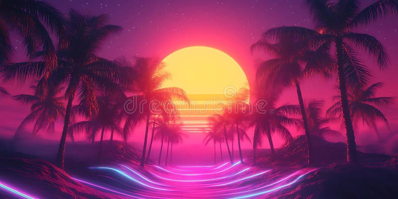 Synthwave Sunset Palm Trees Neon Lights Tropical Beach Background Image ...