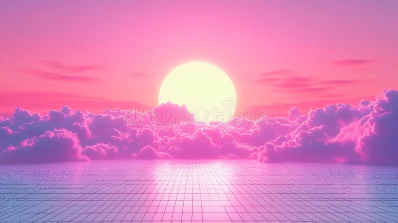 Synthwave Sunset Pink Clouds, Grid Floor, 3D Render, Retro Aesthetic ...