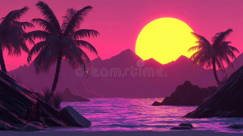 Synthwave Sunset Retro Beach Scene with Palm Trees and a Glowing Sun ...