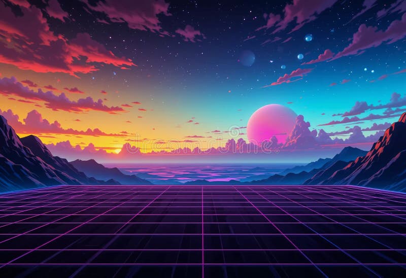 Synthwave Sunset: Retrofuturistic Mountain Landscape Stock Illustration ...