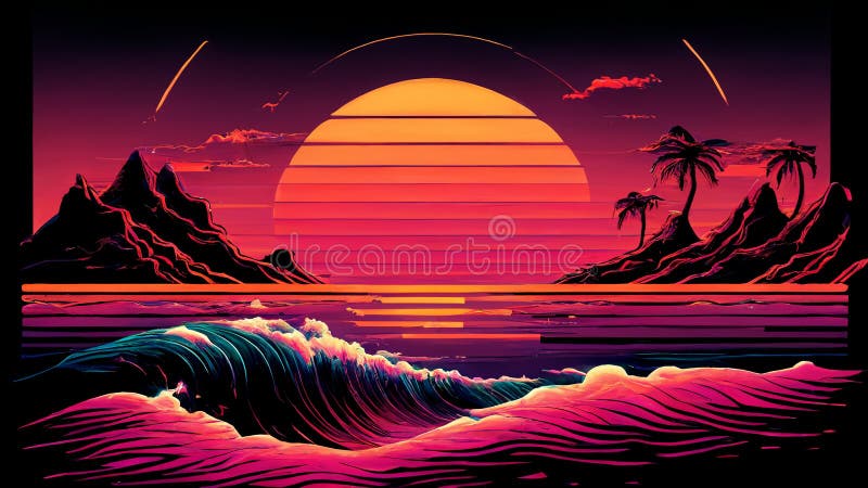 Synthwave Sunset 80s Retro Beach Landscape with Arching Wave Stock ...