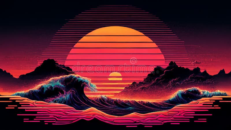 Synthwave Sunset 80s Retro Beach Landscape with Arching Wave Stock ...