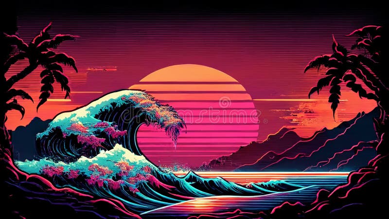 Synthwave Sunset 80s Retro Beach Landscape with Arching Wave Stock ...