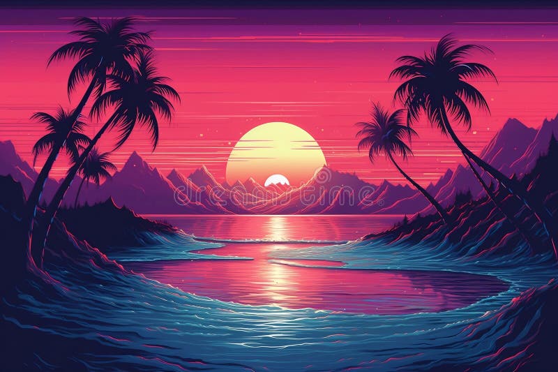 Synthwave Sunset: 80 S Retro Landscape with Ocean Wave in Vibrant ...