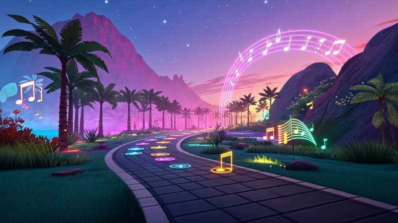 Synthwave Tropical Virtual Reality Landscape with Neon Musical Notes ...
