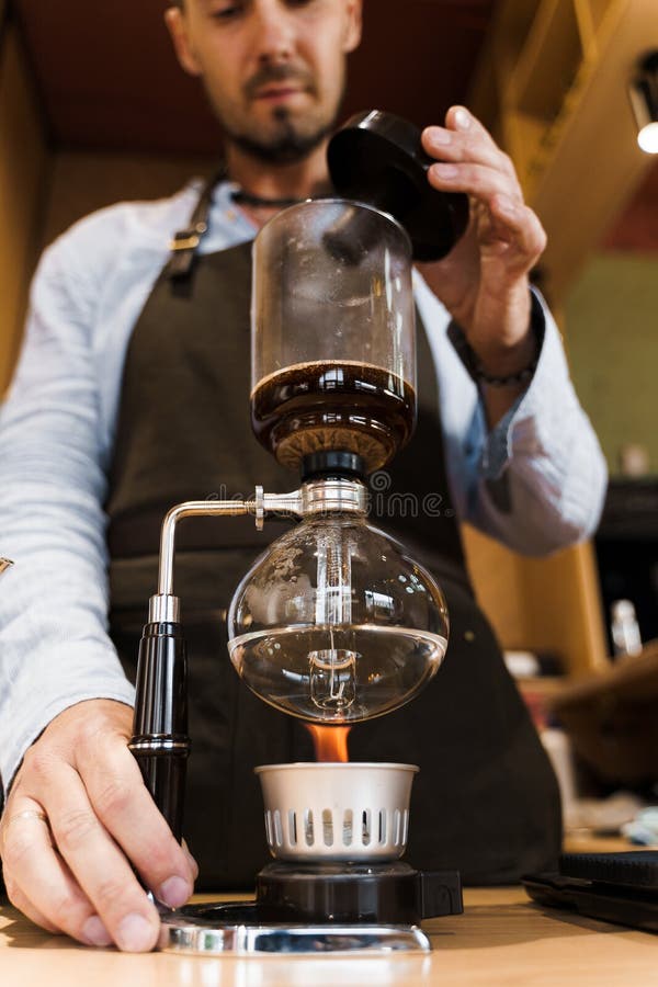 Syphon Coffee Brewing Process. Close Up Syphon is Heating by Fire ...