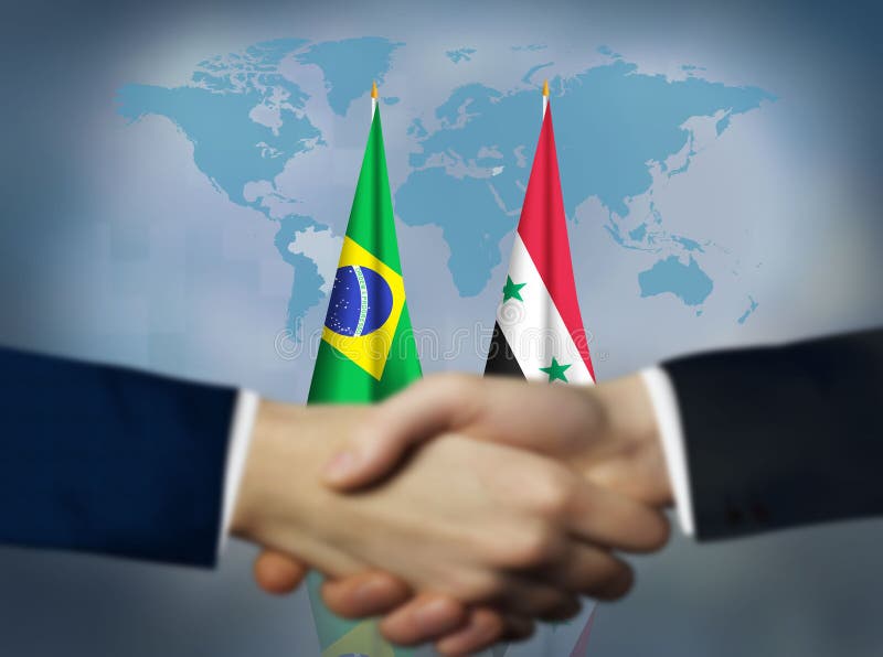 Two People Shaking Hands in Front of Syria and Brazil Flags Stock Photo ...