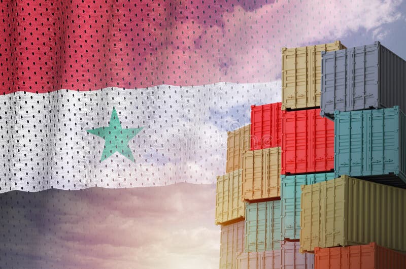 Syria Flag and Big Stack of Shipping Cargo Containers in Docks with Sky ...
