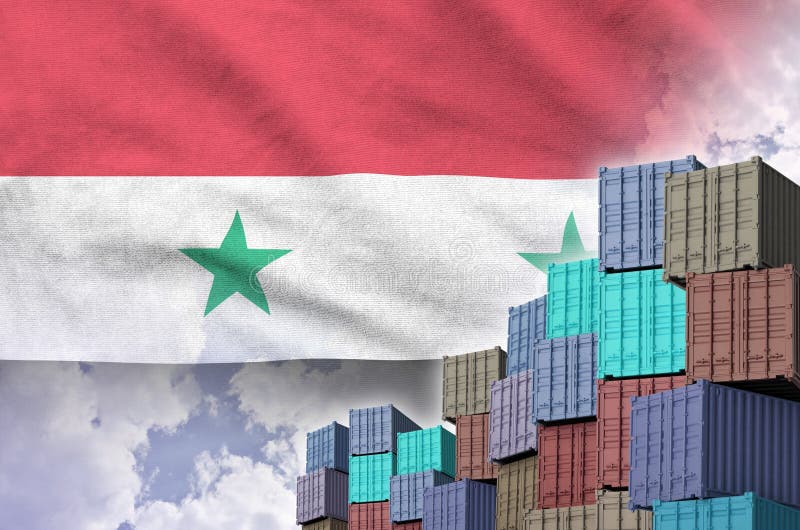 Syria Flag and Big Stack of Shipping Cargo Containers in Docks with Sky Background Stock Image ...