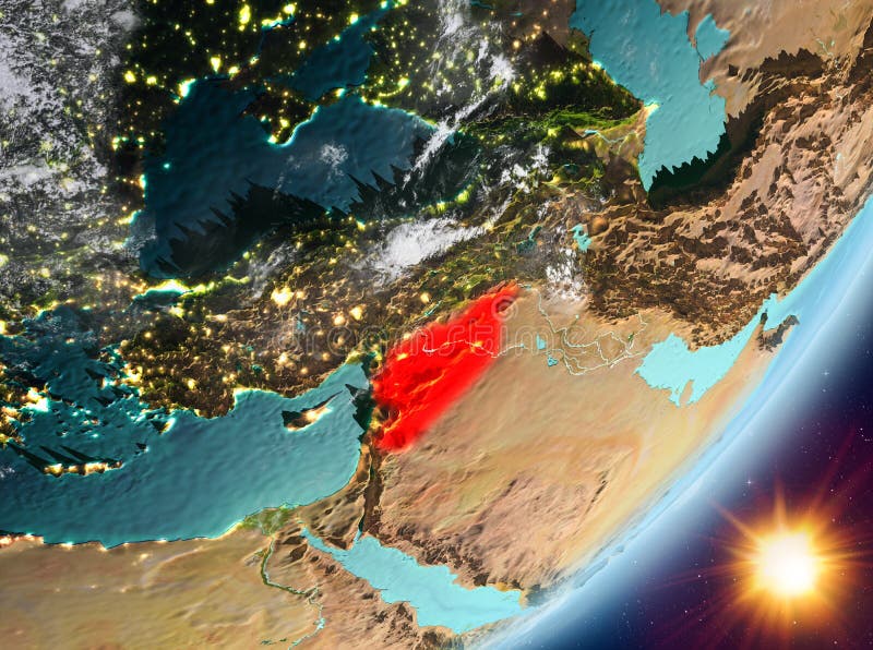 Orbit View of Syria during Sunrise Stock Illustration - Illustration of ...