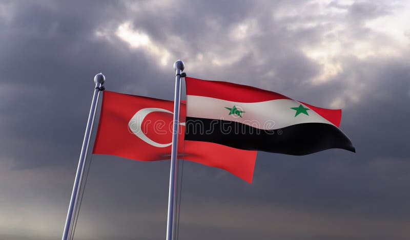 Syria and Turkey, Two Flags Waving Against Dark Cloudy Sky Stock ...