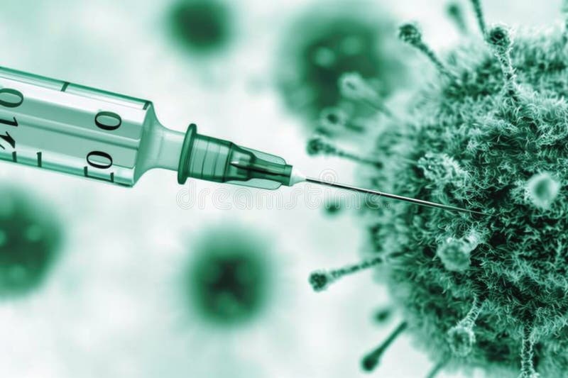 Syringe Administering Vaccine To Virus Under Microscope Stock Photo ...