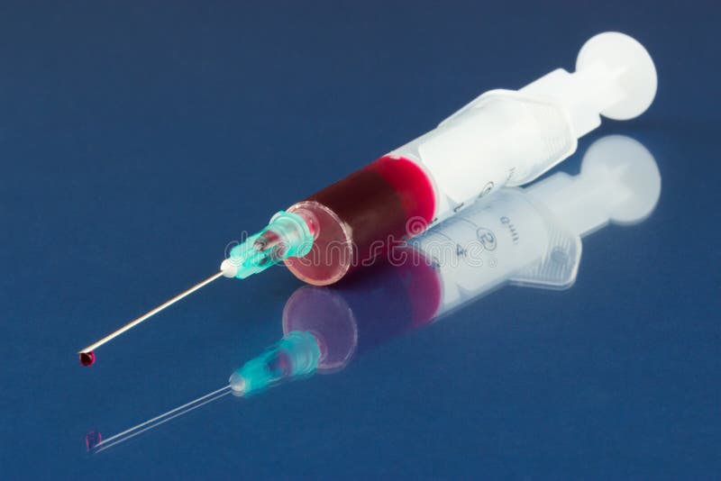 Syringe with Blood on Blue Background Stock Photo - Image of hemoglobin ...