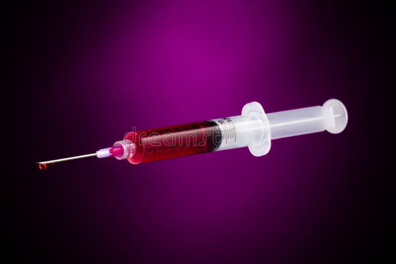 Syringe with Blood Drop Isolated on Purple Stock Image - Image of close ...