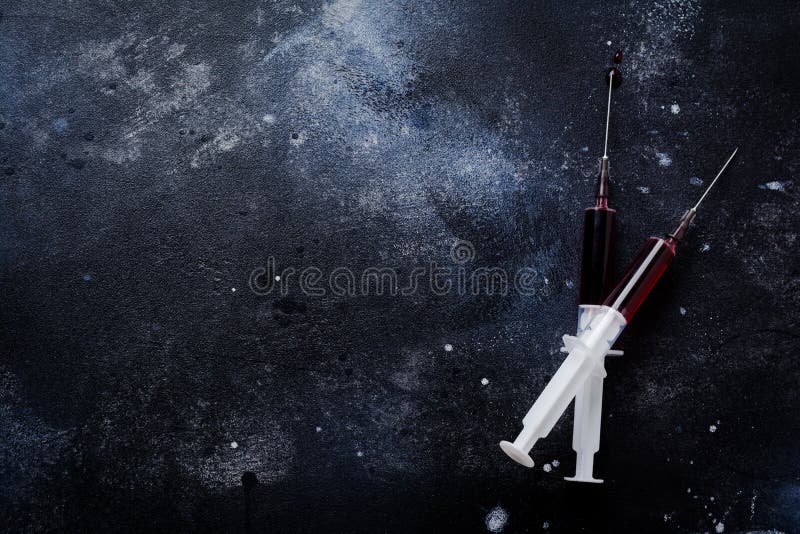 Syringe with Blood on Old Concrete Background. Stock Image - Image of ...