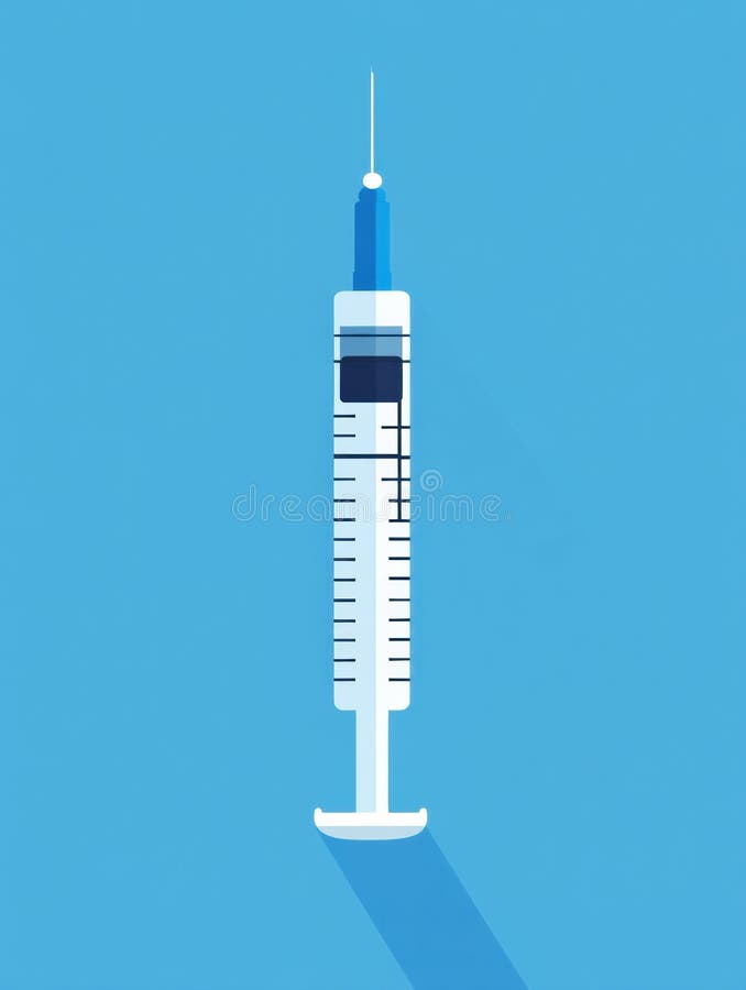 Syringe with Blue Cap and Markings on a Solid Blue Background ...