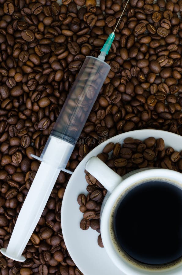 Syringe, Cup of Coffee and Coffee Beans Stock Photo - Image of shot ...