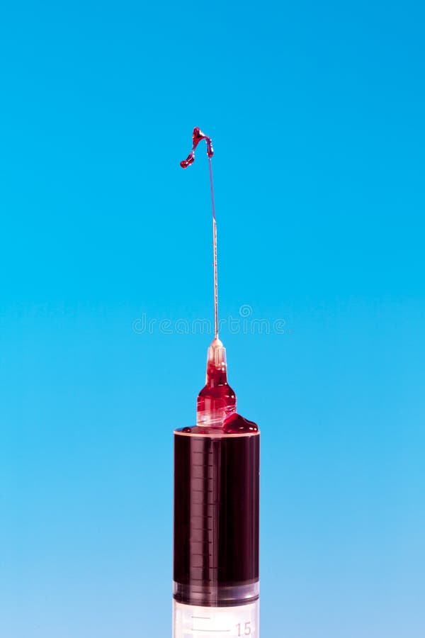 Syringe Filled with Blood Sample Drop at Needle S Top Blue Background ...