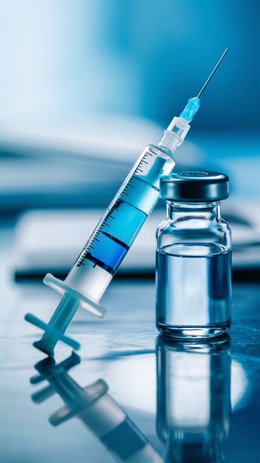 Syringe Filled with Blue Liquid and Empty Vial on Reflective Surface ...