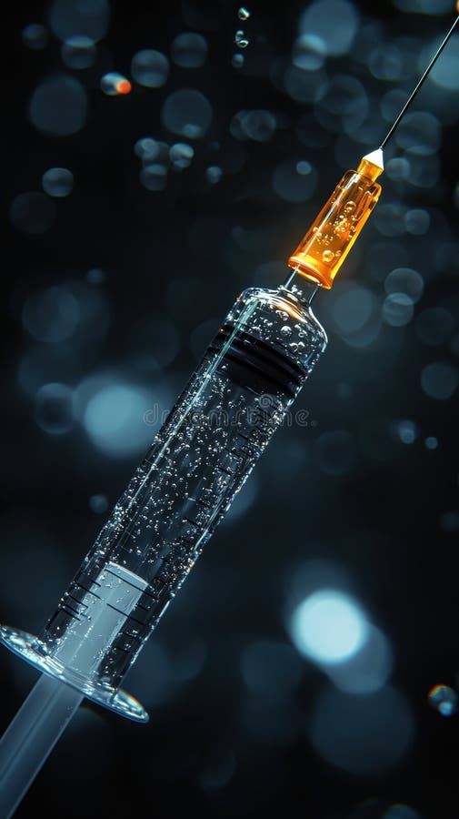 Syringe with Golden Tip and Air Bubbles in Liquid Stock Image - Image ...