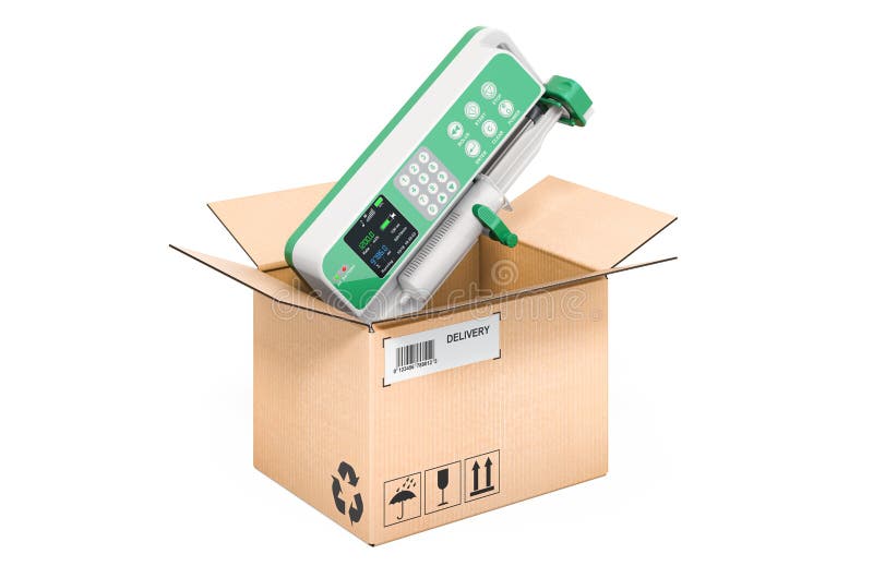 Syringe Infusion Pump Inside Cardboard Box, Delivery Concept. 3D ...