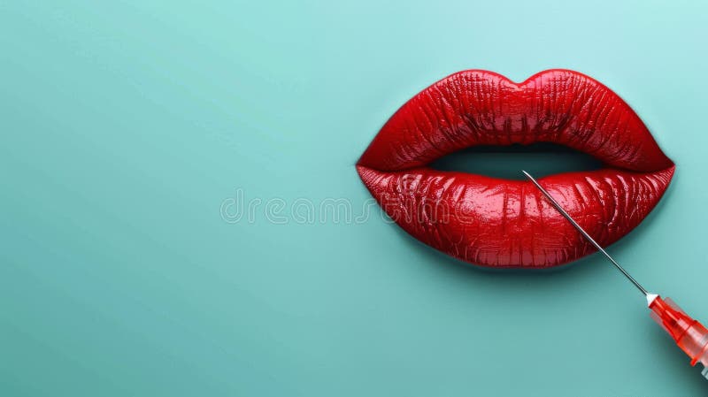 Syringe Injecting Botox into Human Lips on Blue Background, Top View ...