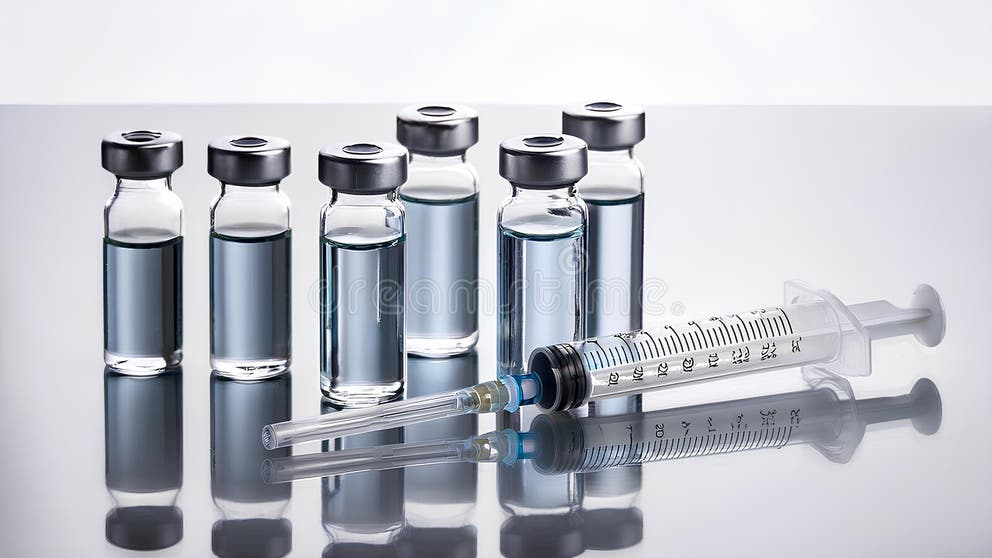 Medicines and Injection Syringe. Syringe and Injection Vials on White ...