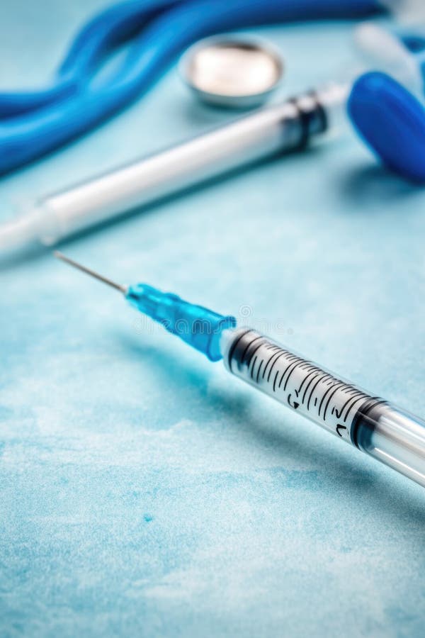 Syringe with Needle and Medical Equipment on Light Blue Background ...