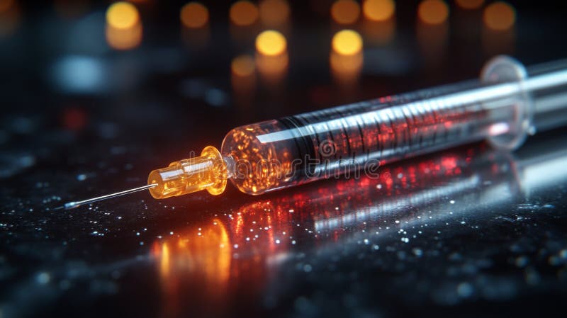 Close-up of a Syringe Filled with Orange Liquid on a Reflective Surface ...