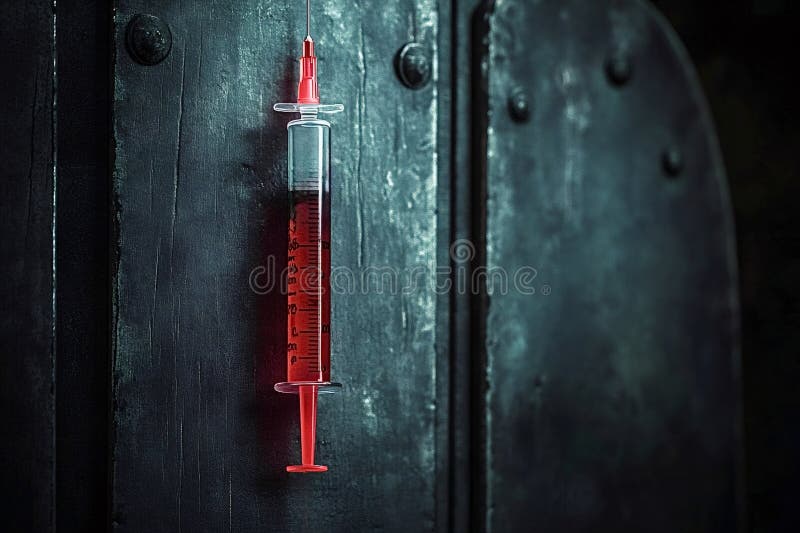 Syringe with Red Liquid Against Dark Background Stock Photo - Image of ...