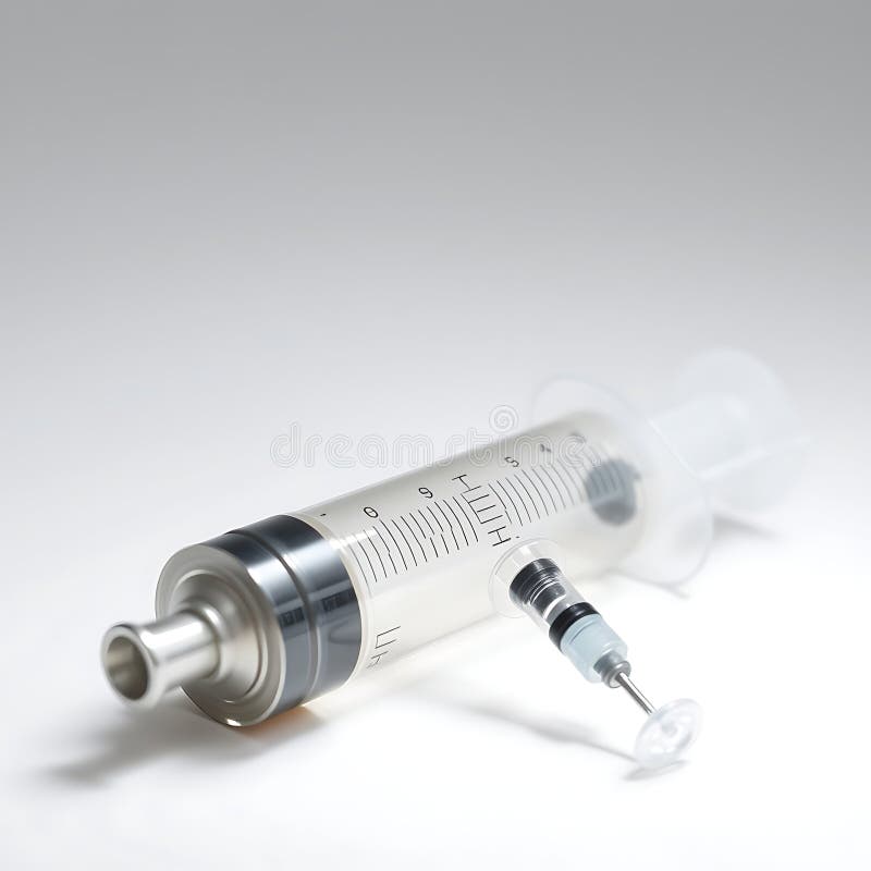 A Syringe with a Transparent Barrel and a Silver Needle Placed on White ...