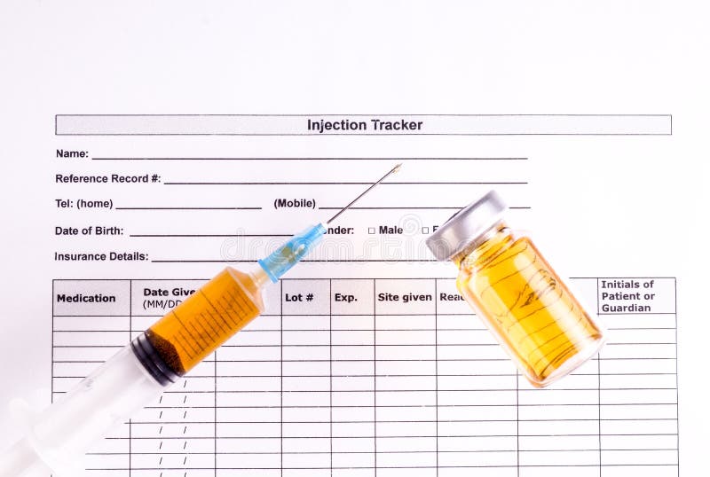 Syringe, Vial and Injection Tracker Stock Photo - Image of immunization ...