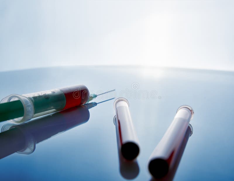 Syringe and Vials with Blood Sampling Rear View Blue Stock Image ...