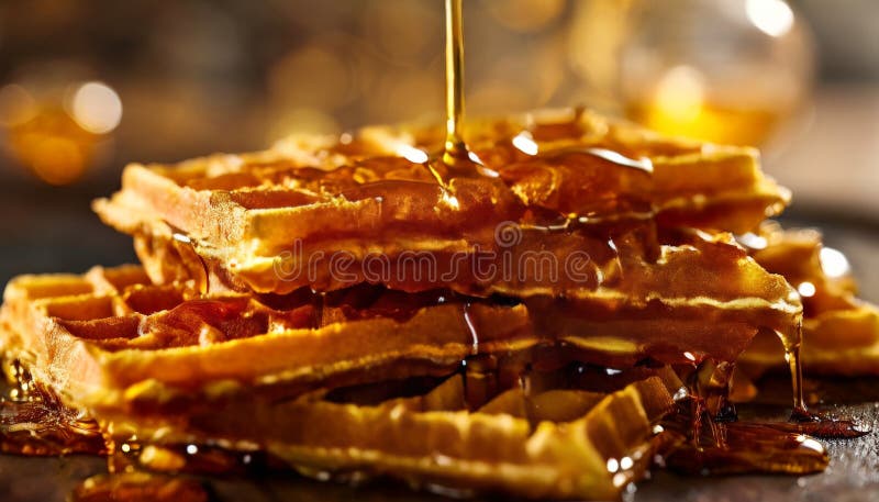 Syrup-drenched Waffles Stacked and Dripping with Syrup Stock Photo ...