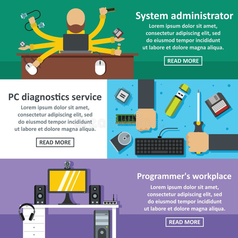System Admin Banner Horizontal Set, Flat Style Stock Vector ...